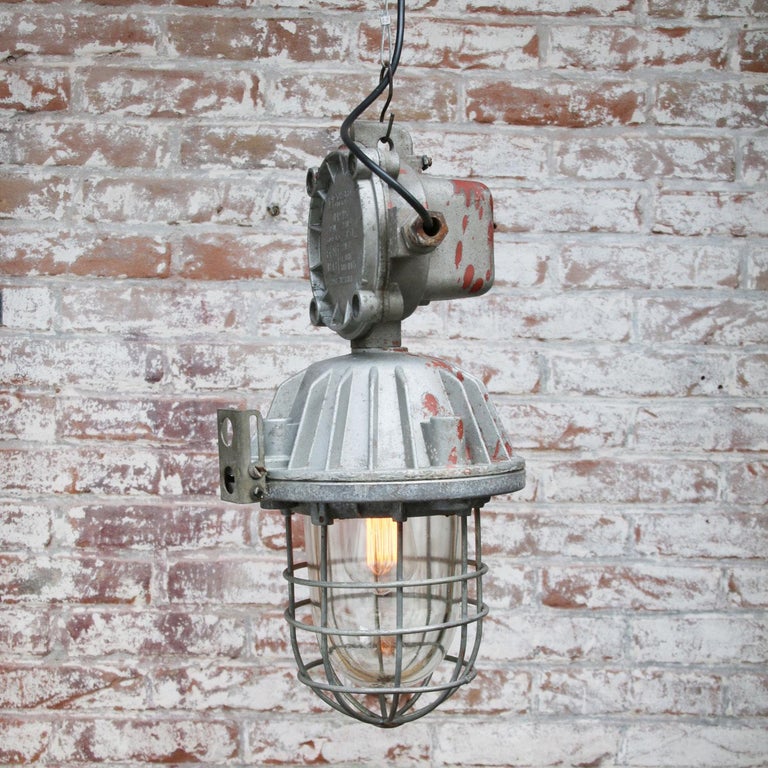 Cast Aluminum Vintage Industrial Clear Glass Cage Hanging Lamp at 1stDibs