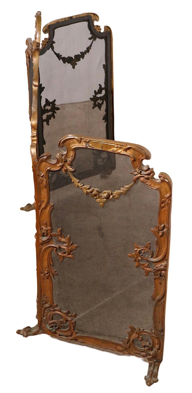 Cast Bronze and Mesh, Three Fold Fireplace Screen Marked Palm Bronze ...