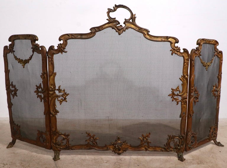 Cast Bronze and Mesh, Three Fold Fireplace Screen Marked Palm Bronze ...