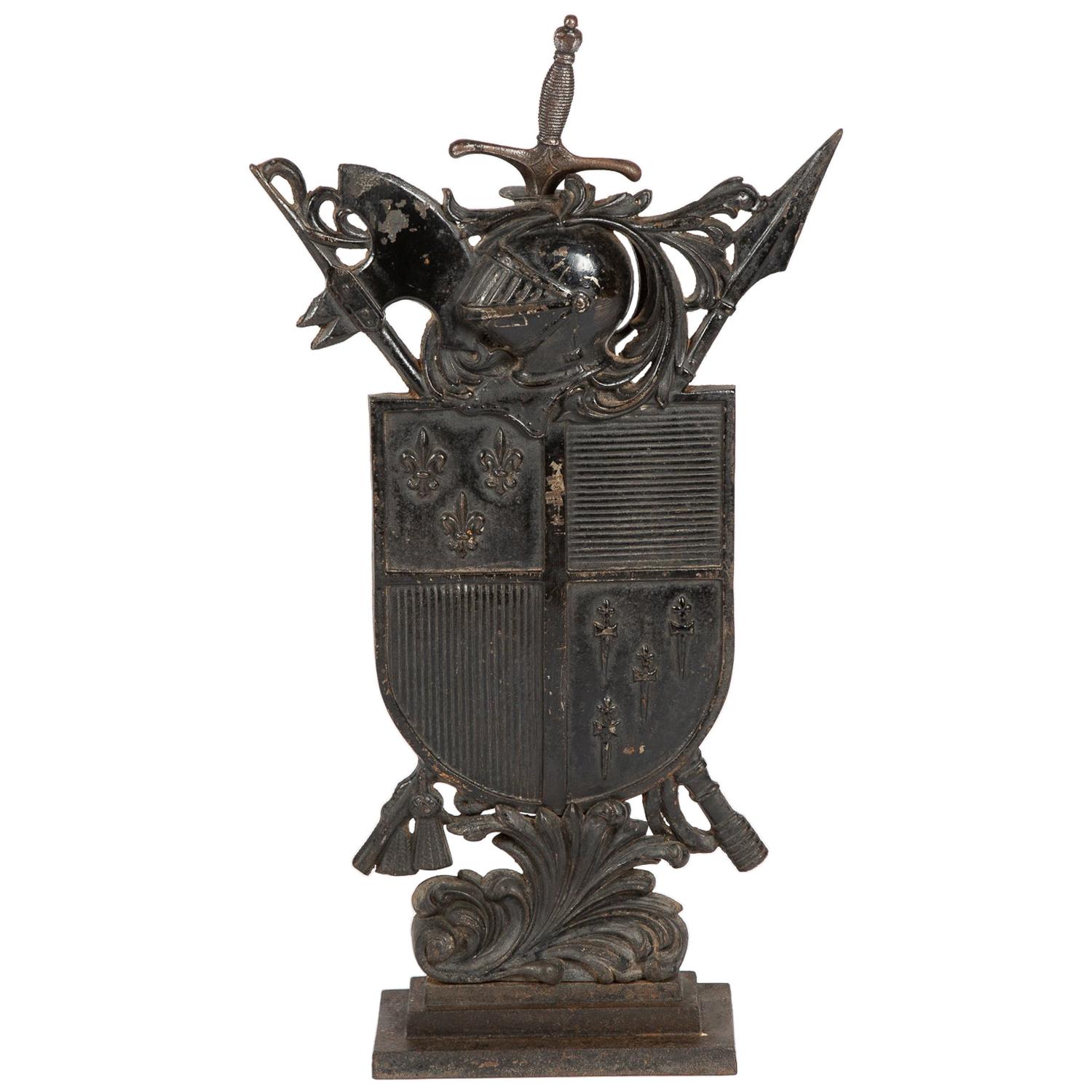 Armorial Bronze and Iron Fire-Guard with Medieval Trophies and Knight's ...