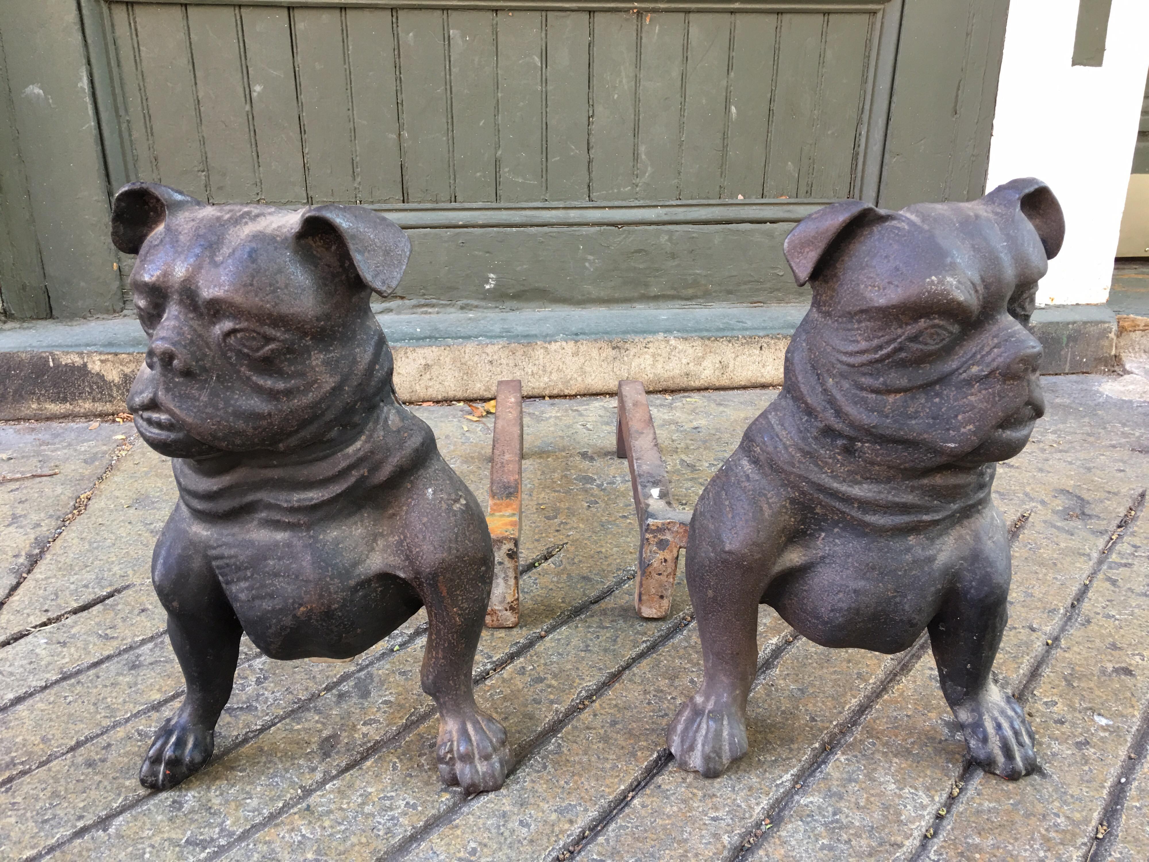 Cast Iron Bull Dog Andirons at 1stDibs