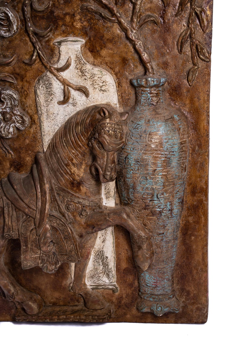 Cast Plaster and Fiberglass Tang Horse and Floral Wall Sculpture For ...