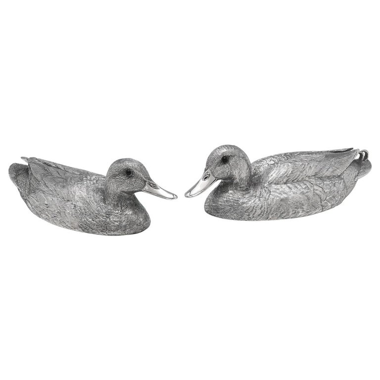 Cast Sterling Silver Pair of Half Sized Mallard Ducks Designed by Val ...