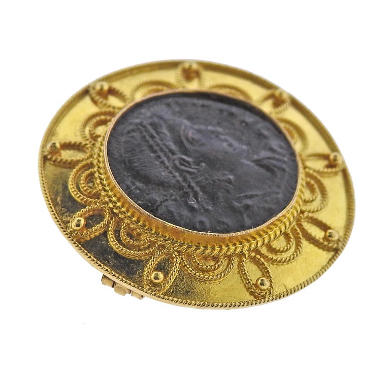 Castellani Ancient Roman Bronze Coin Gold Brooch Pin at 1stDibs