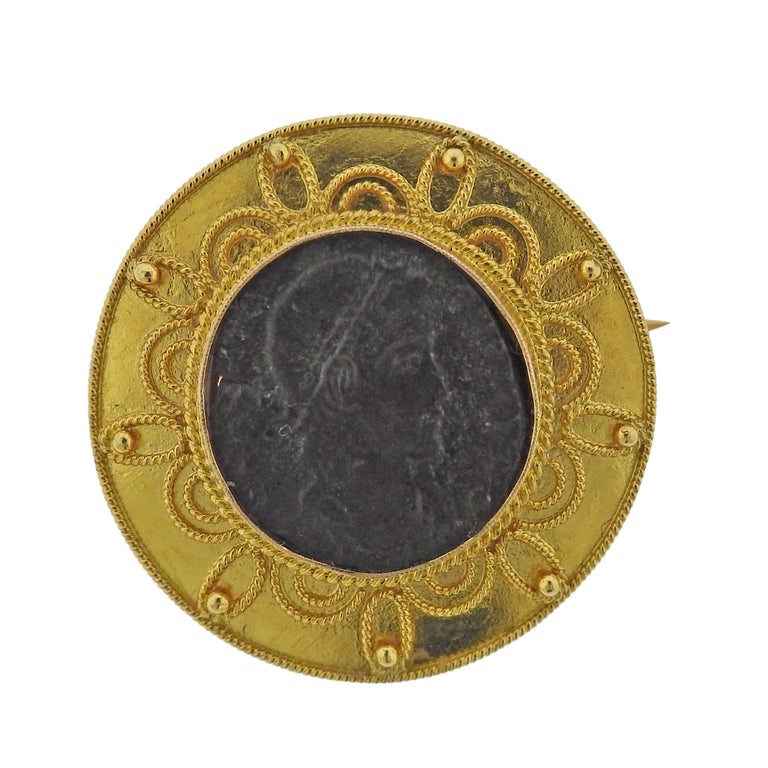 Castellani Ancient Roman Bronze Coin Gold Brooch Pin at 1stDibs