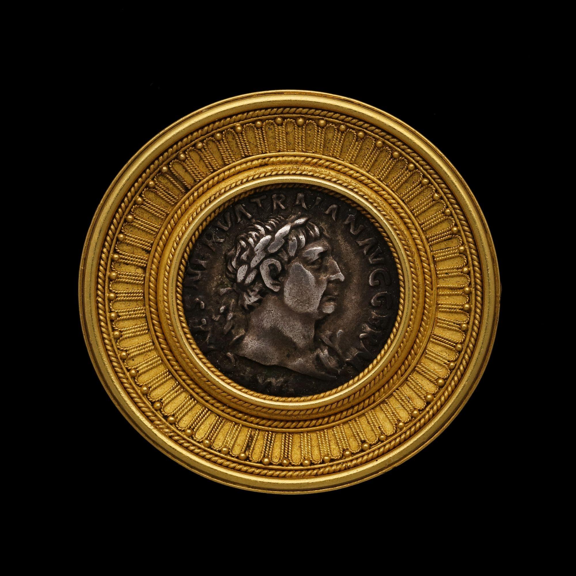 Castellani Antique Gold Brooch Set with an Ancient Roman Silver Coin ...