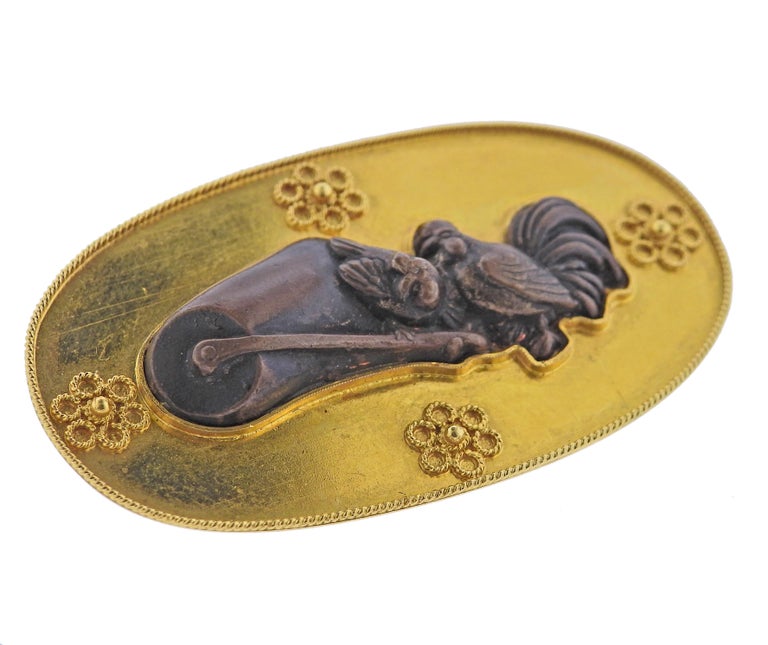 Castellani Gold Bronze Shakudo Rooster on the Farm Brooch Pin For Sale ...