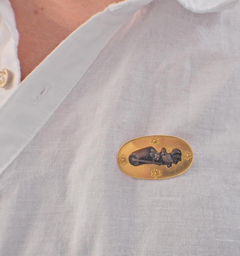 Castellani Gold Bronze Shakudo Rooster on the Farm Brooch Pin For Sale ...