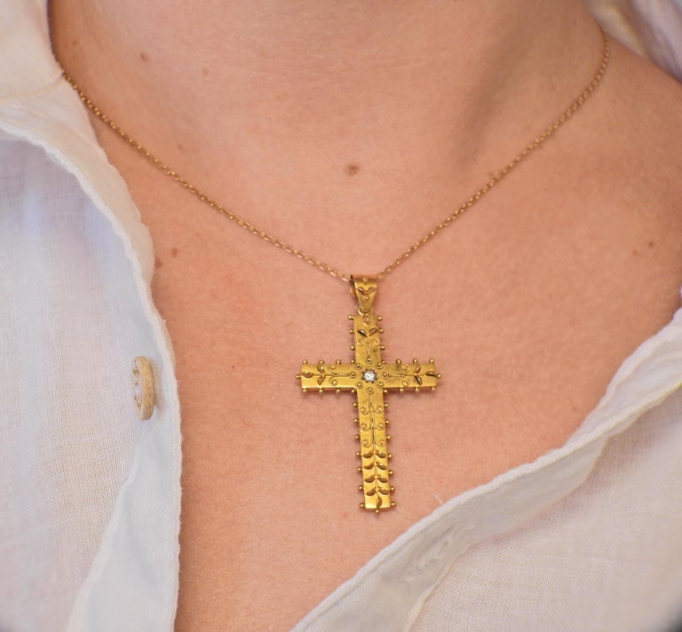 Castellani Gold Granulated Diamond Cross Pendant For Sale at 1stDibs