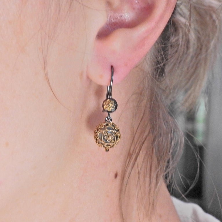 Castellani Gold Silver Granulated Filigree Ball Drop Earrings For Sale ...