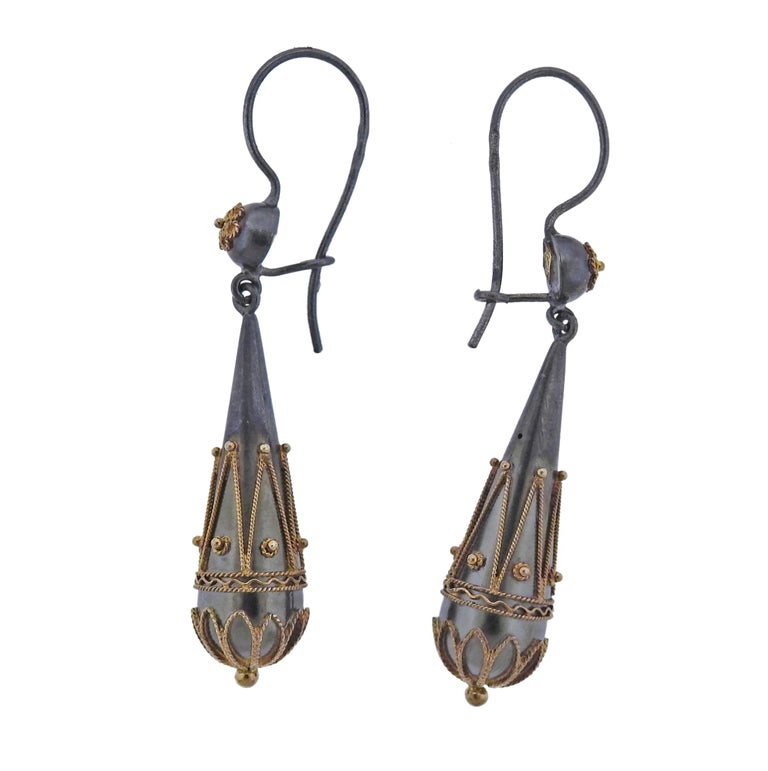 Castellani Gold Silver Granulated Filigree Teardrop Earrings For Sale ...