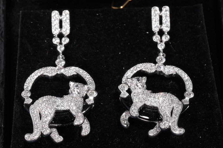 Cat Earrings Diamonds Onyx 18 Karat at 1stDibs | diamond cat earrings