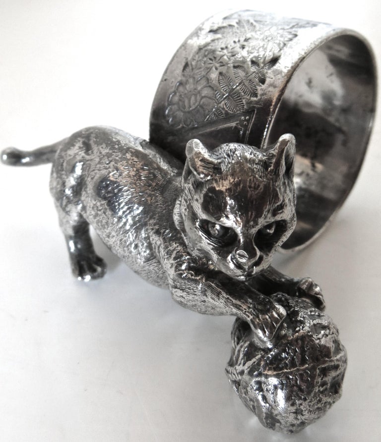 "Cat with a Ball of Yarn" Silver Plate Victorian Napkin Ring, American ...