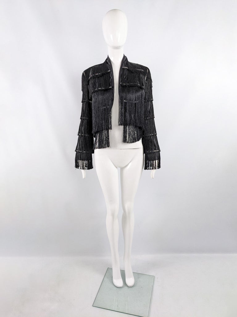 Catwalk Collection Vintage Fringed Black Satin Crop Jacket, 1990s For ...