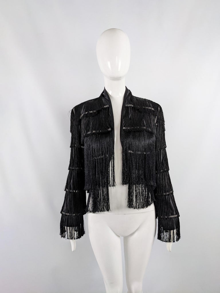 Catwalk Collection Vintage Fringed Black Satin Crop Jacket, 1990s For ...