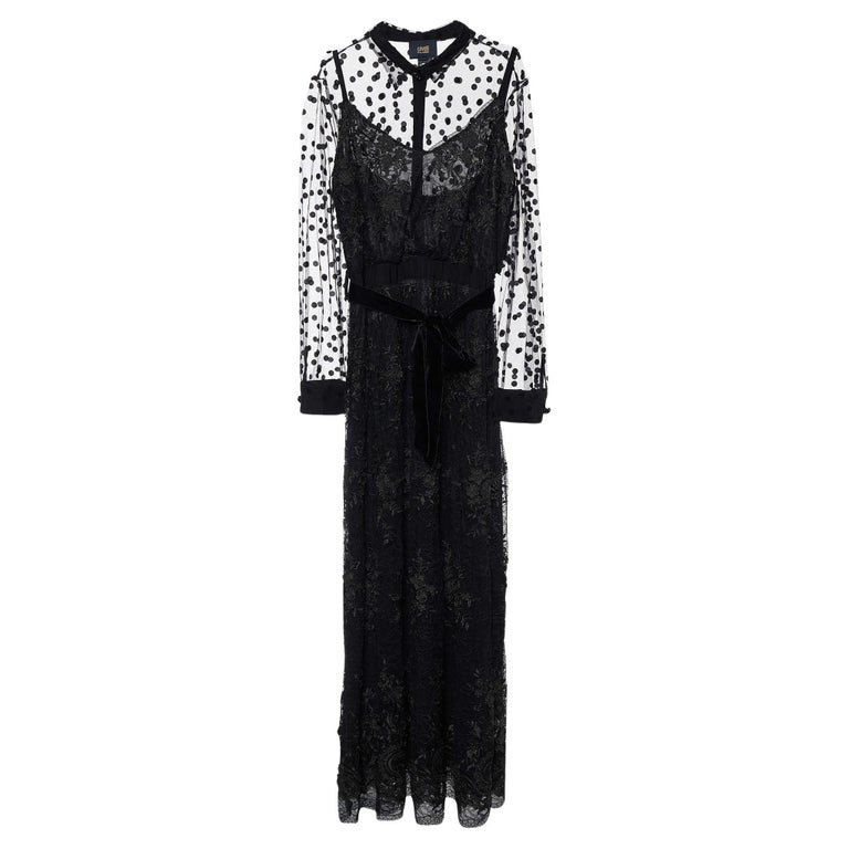 Cavalli Class Black Lace and Tulle Mock Neck Belted Maxi Dress XL For ...