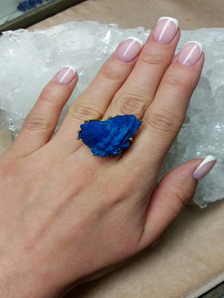 Cavansite Crystals Ring Yellow Gold Neon Blue Raw Natural Indian Gem ...