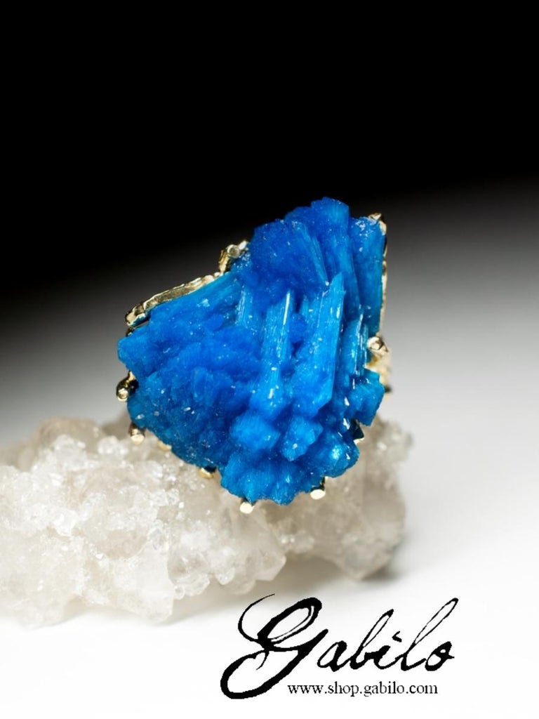 Cavansite Crystals Ring Yellow Gold Neon Blue Raw Natural Indian Gem ...