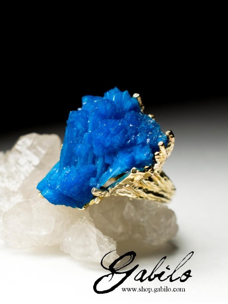 Cavansite Crystals Ring Yellow Gold Neon Blue Raw Natural Indian Gem ...