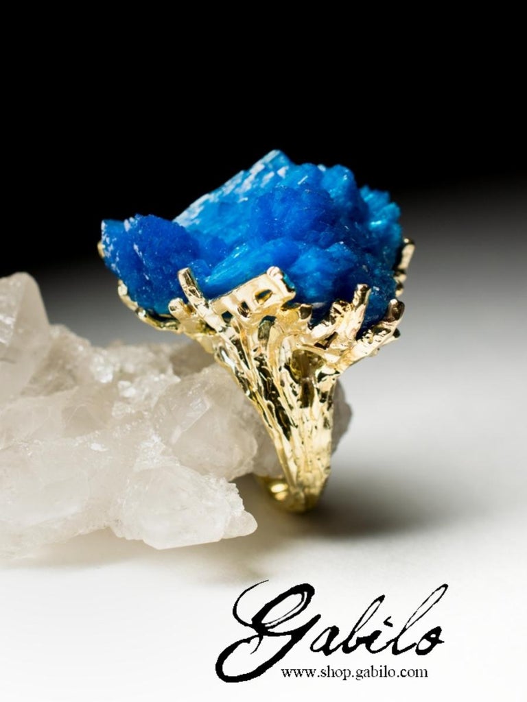 Cavansite Crystals Ring Yellow Gold Neon Blue Raw Natural Indian Gem ...