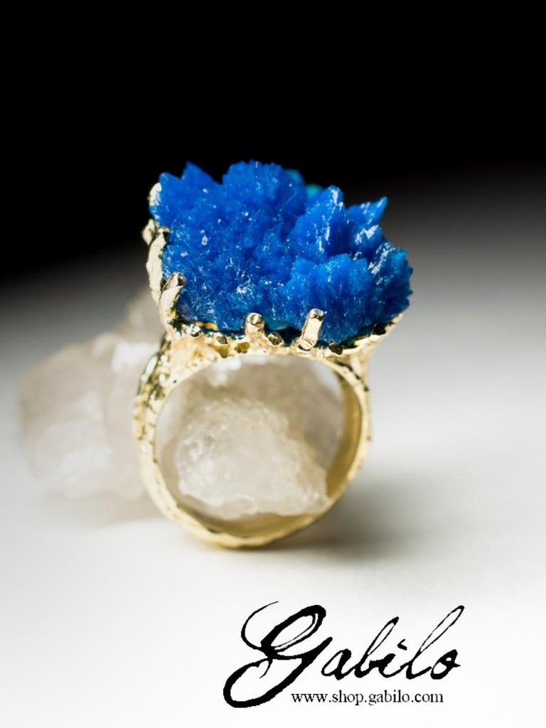Cavansite Crystals Ring Yellow Gold Neon Blue Raw Natural Indian Gem ...