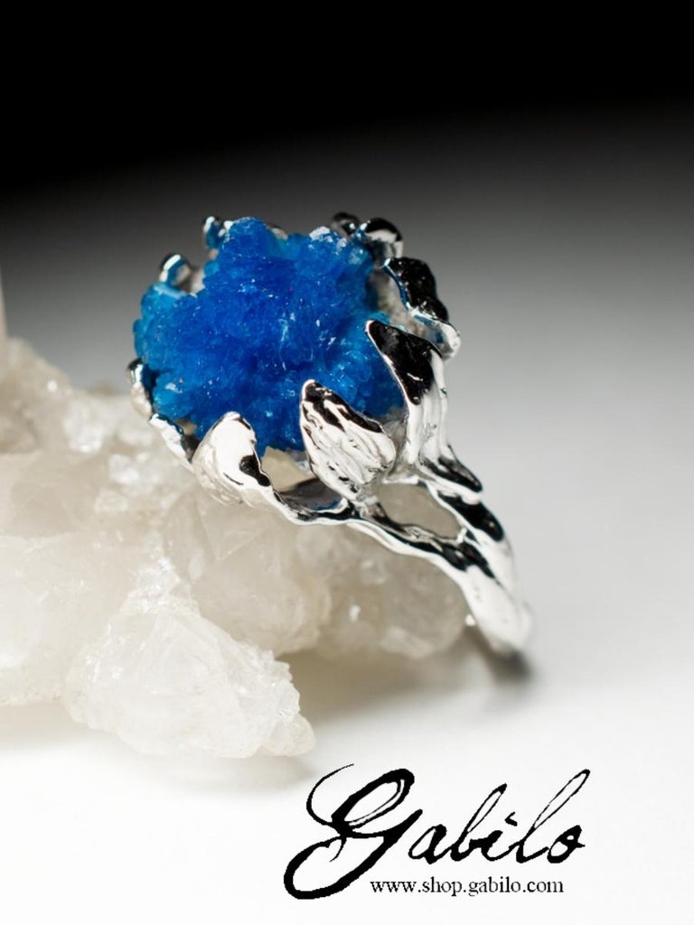Cavansite Flower Gold Ring Art Nouveau Style Bright Blue Raw Uncut Rare ...