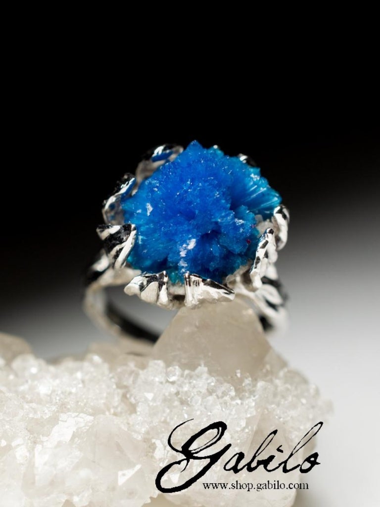 Cavansite Flower Gold Ring Art Nouveau Style Bright Blue Raw Uncut Rare ...