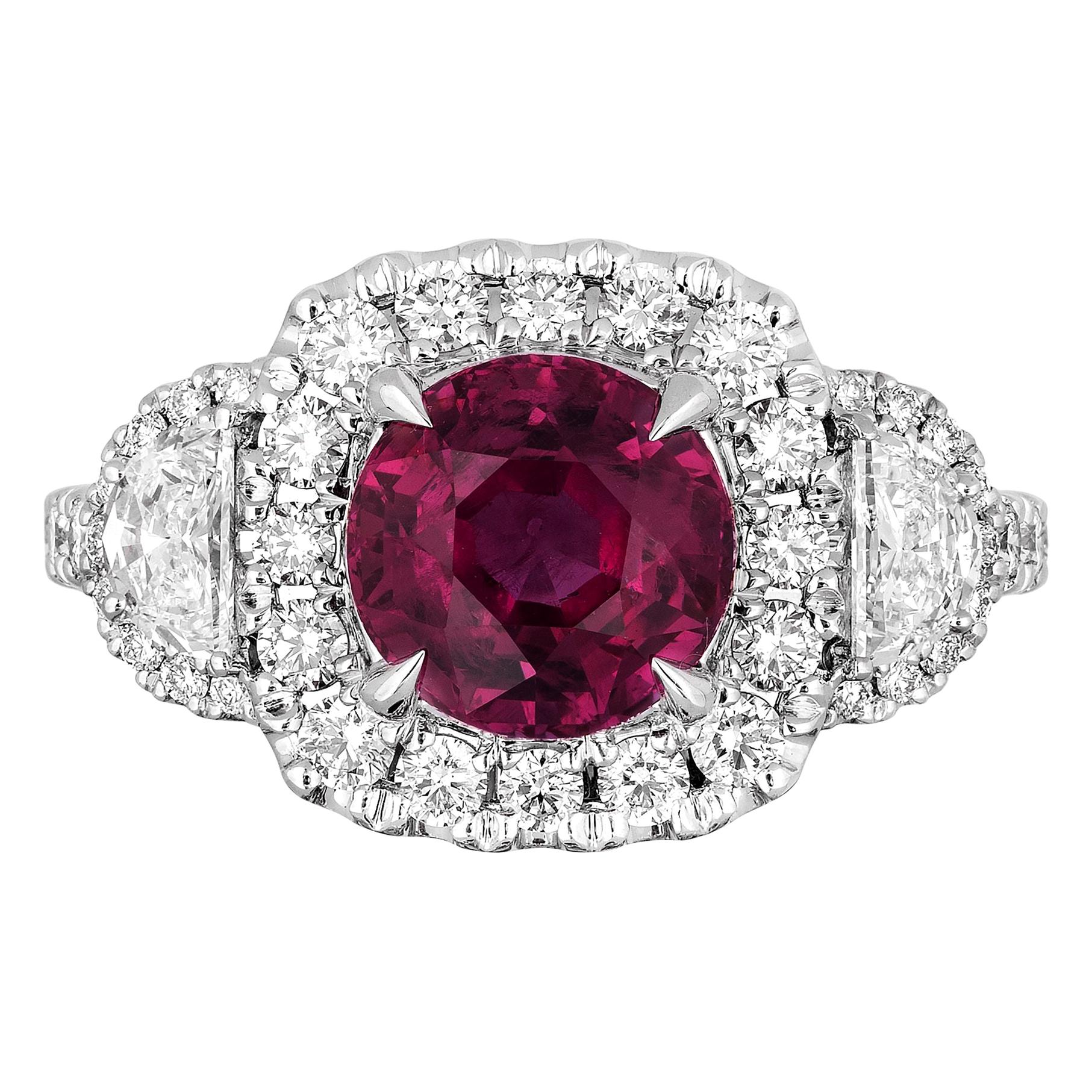 GRS Lab Certified 2.55 Carat Mozambique Ruby Diamond Three-Stone ...