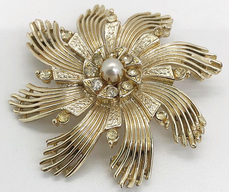 Ceil Chapman 1950s Gold + Pearl + Rhinestone Large Vintage 50s Brooch ...