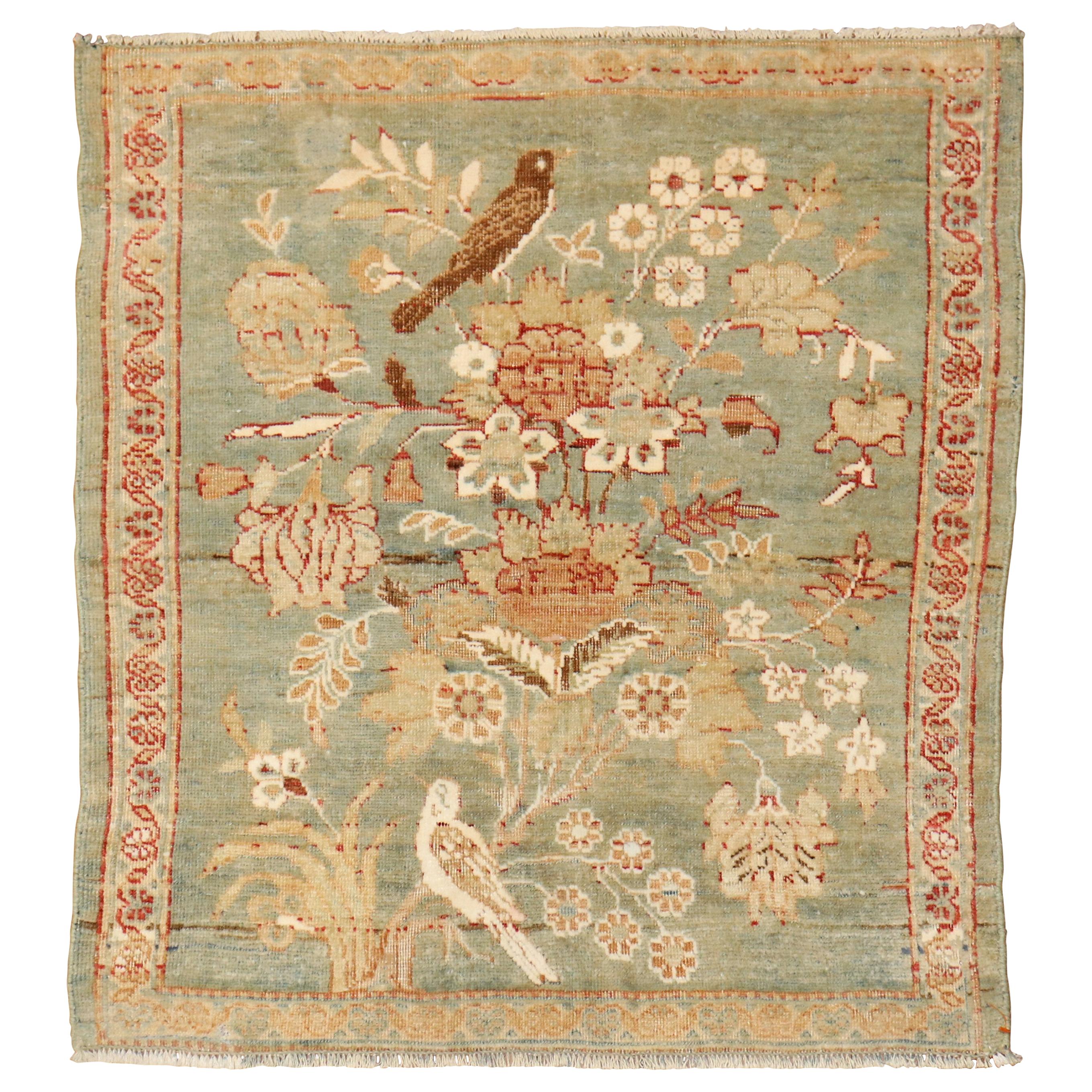 Celadon Green Fine Persian Pictorial Pigeon Kashan Mat For Sale at 1stDibs