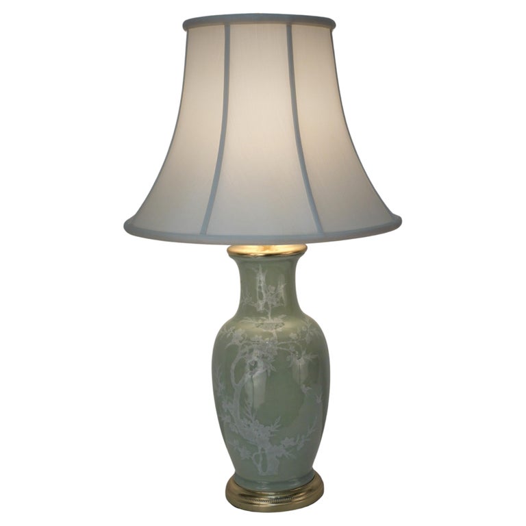 Celadon Porcelain Lamp With Hand Painted Floral Design At 1stdibs