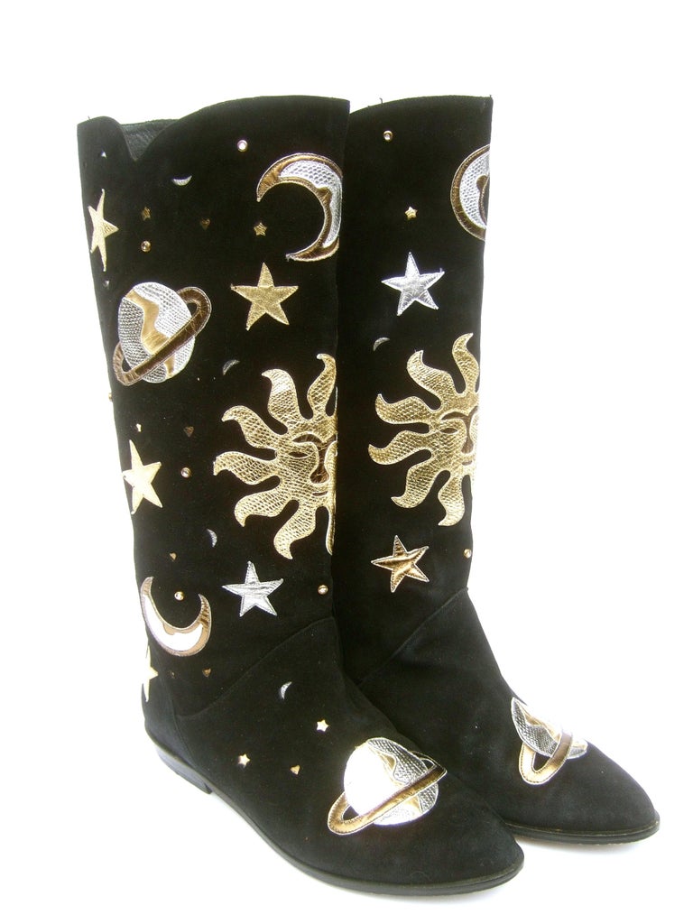 Celestial Black Suede Metallic Appliqué Moons, Stars, Planets and Sun ...