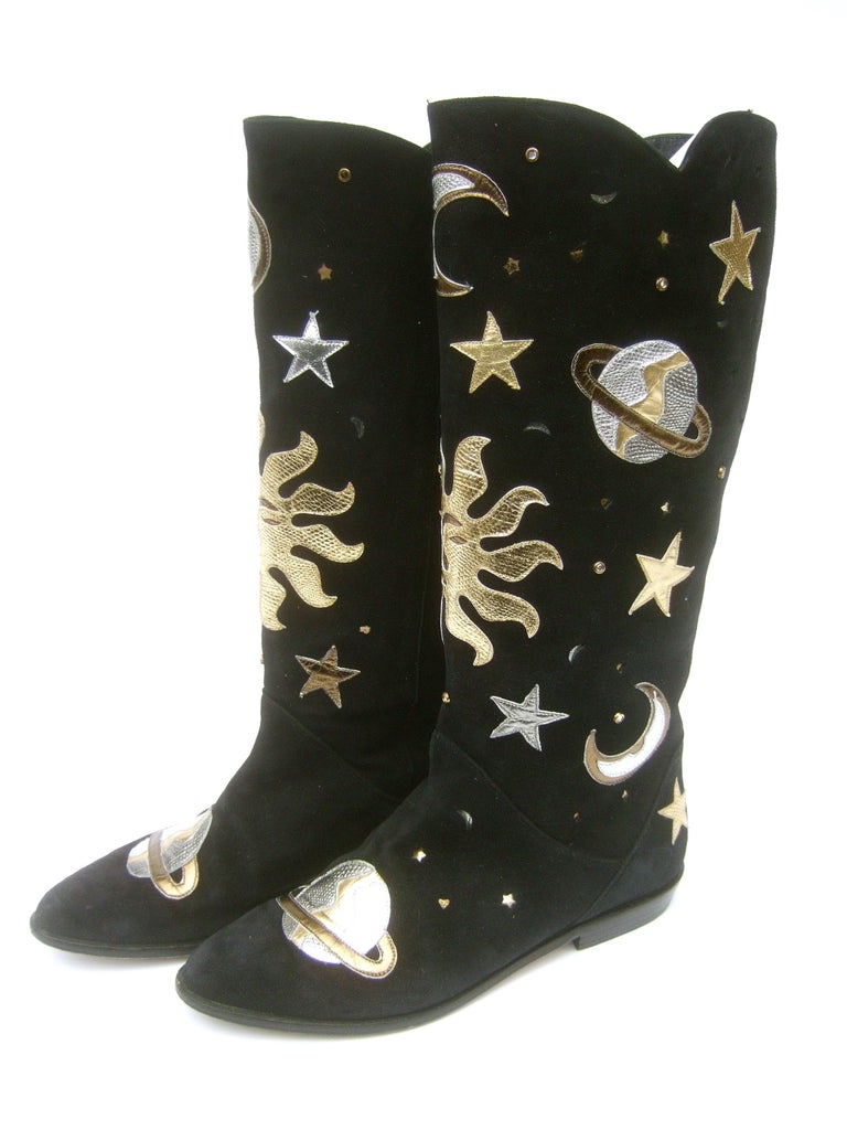 Celestial Black Suede Metallic Appliqué Moons, Stars, Planets and Sun ...