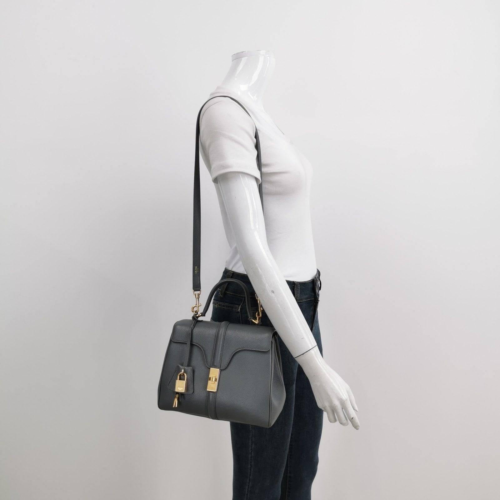 Celine 16 Bag Small Grey Pebbled Calfskin Leather For Sale at 1stDibs