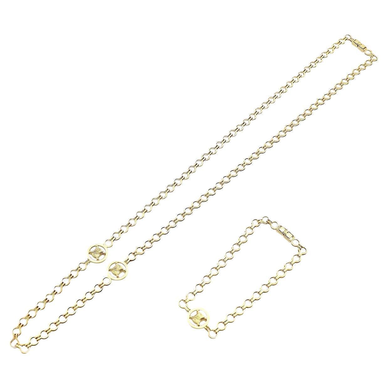 CELINE 18K Yellow Gold Logo Long Chain Necklace and Bracelet set For ...