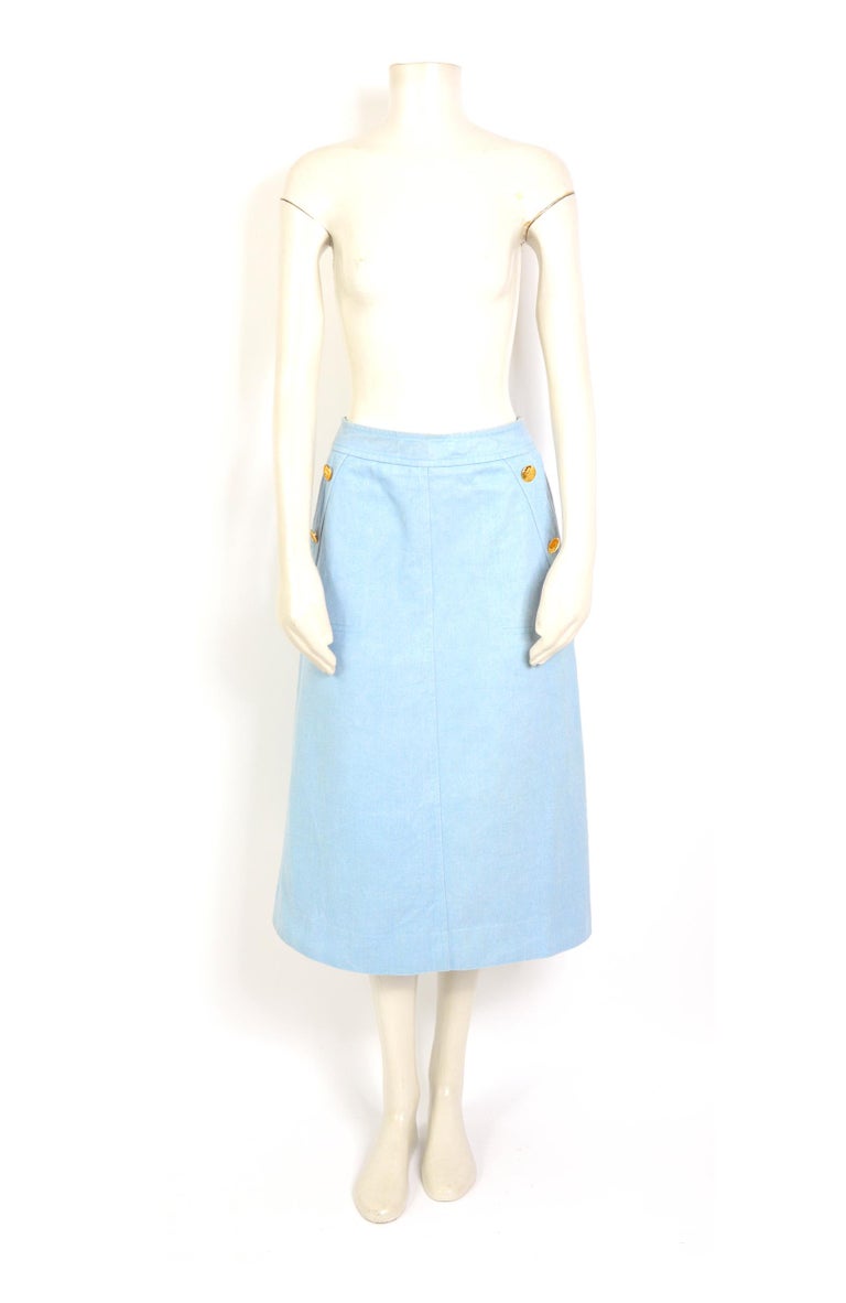 Celine 1970s vintage gold logo buttons denim A-Line midi skirt For Sale ...