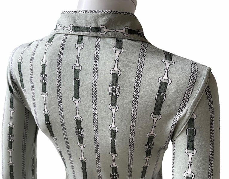 1970s Vintage Celine Shirt Green Silk Shirt with Triomphe Logo Small at ...