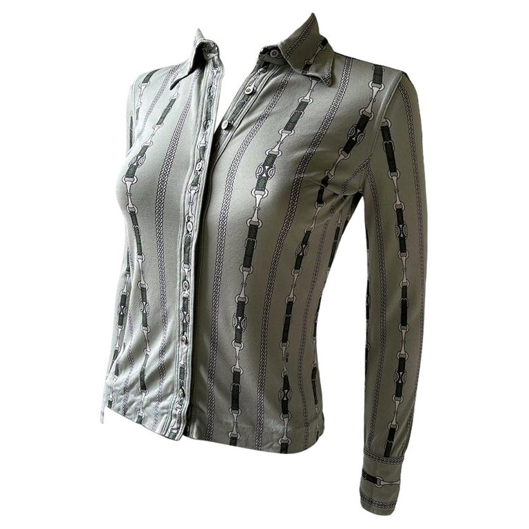 1970s Vintage Celine Shirt Green Silk Shirt with Triomphe Logo Small at ...