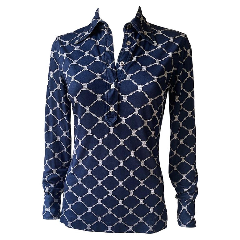 Celine 70's Silk Blue Shirt Triomphe Logo Size S/M at 1stDibs