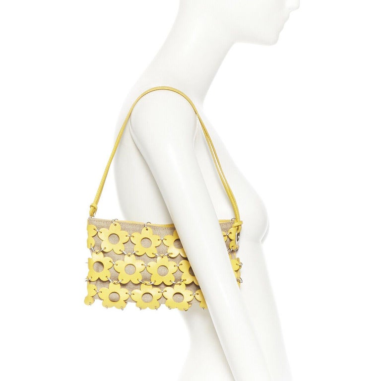 CELINE beige canvas yellow leather flower cut-outs chained straps pouch ...