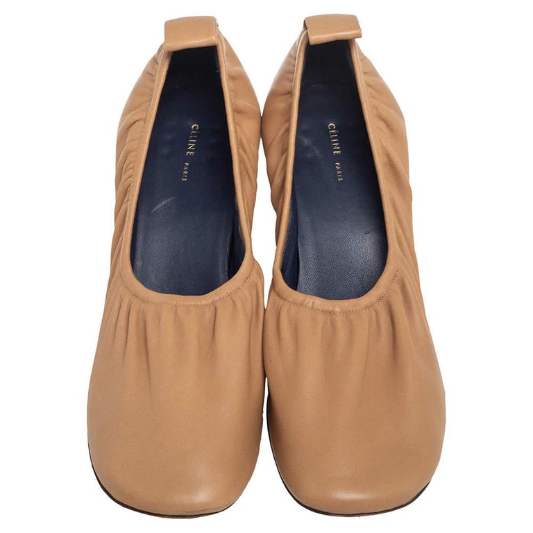 Celine Beige Leather Scrunch Ballerina Block Heel Pumps Size 39 For ...