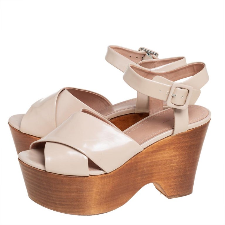 Celine Beige Patent Leather Platform Wedge Sandals Size 38.5 at 1stDibs
