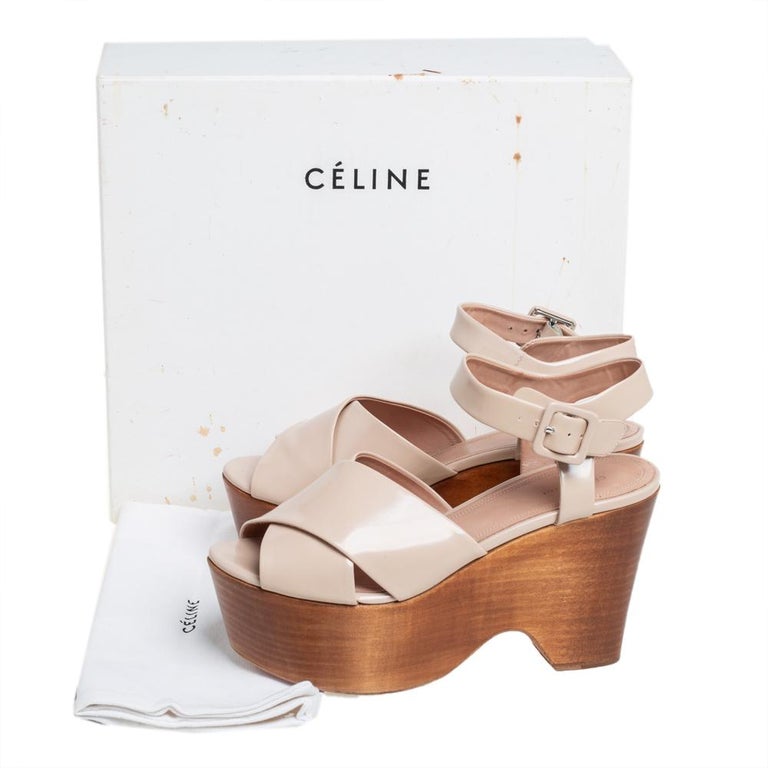 Celine Beige Patent Leather Platform Wedge Sandals Size 38.5 at 1stDibs