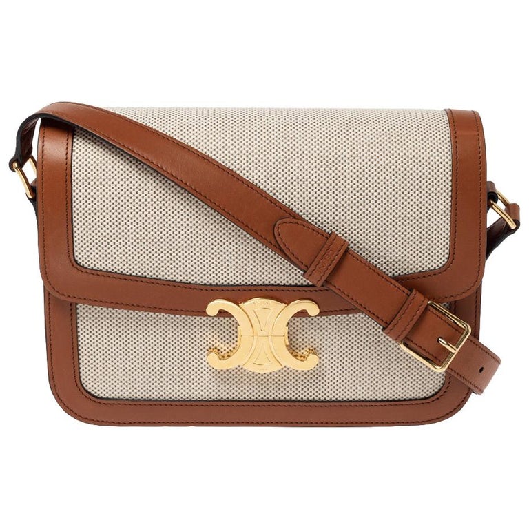 Celine Beige/Tan Canvas and Leather Triomphe Shoulder Bag For Sale at ...