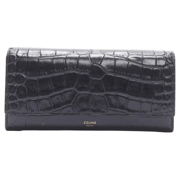 CELINE black croc embossed calfskin flap front long wallet For Sale at ...
