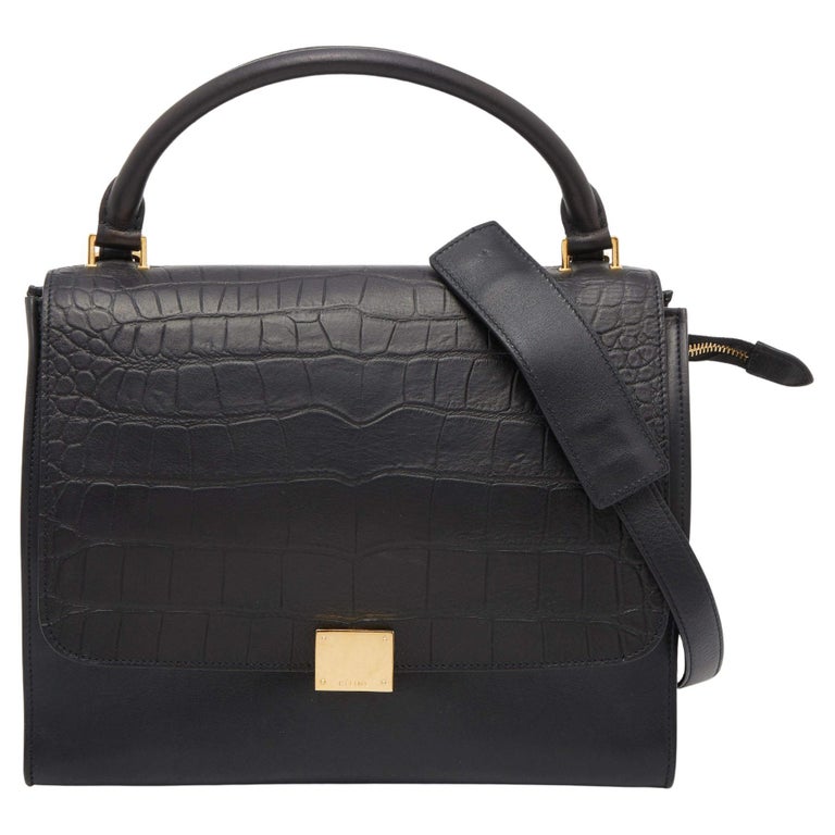 Celine Black Croc Embossed Leather and Suede Medium Trapeze Top Handle ...
