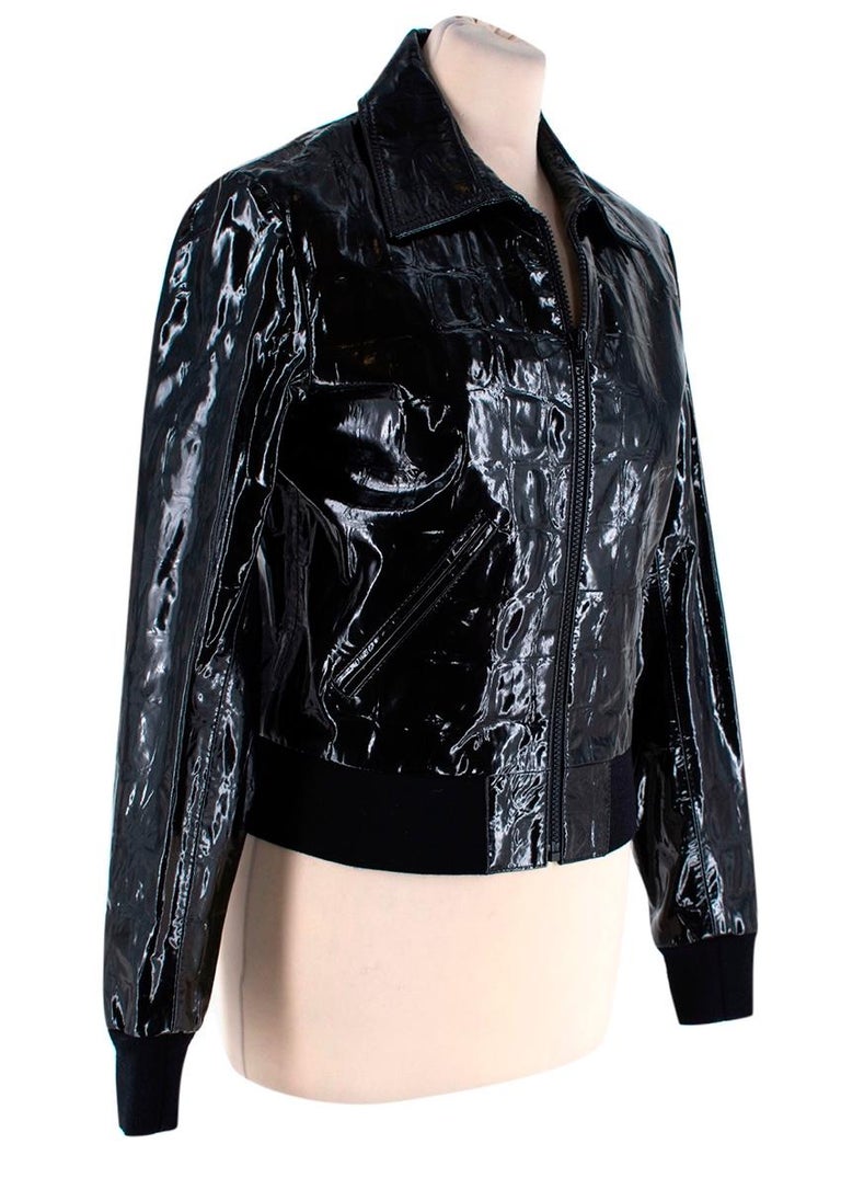 Celine Black Crocodile Embossed Laminated Lambskin Cropped Jacket For ...