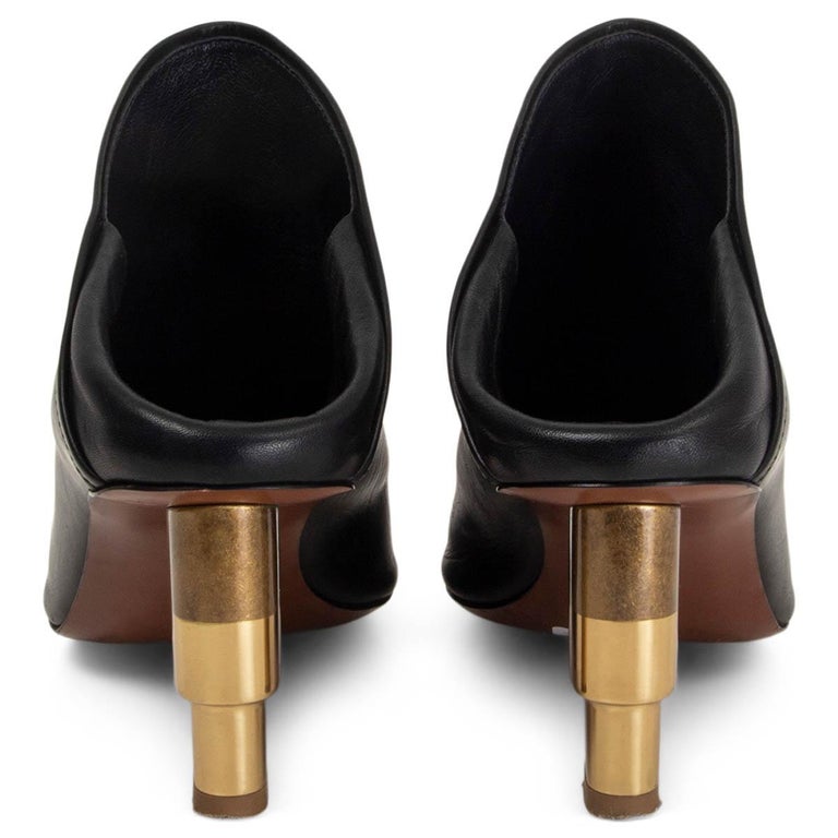 CELINE black leather 2016 CANDLE HEEL Mules Shoes 37.5 For Sale at 1stDibs