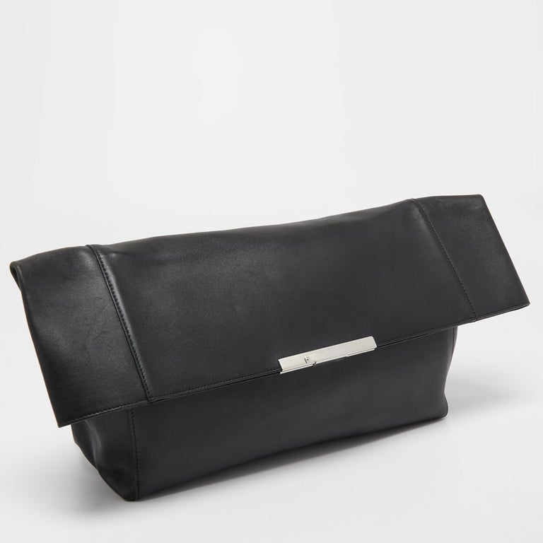 Celine Black Leather Cabas Fold Over Clutch For Sale at 1stDibs