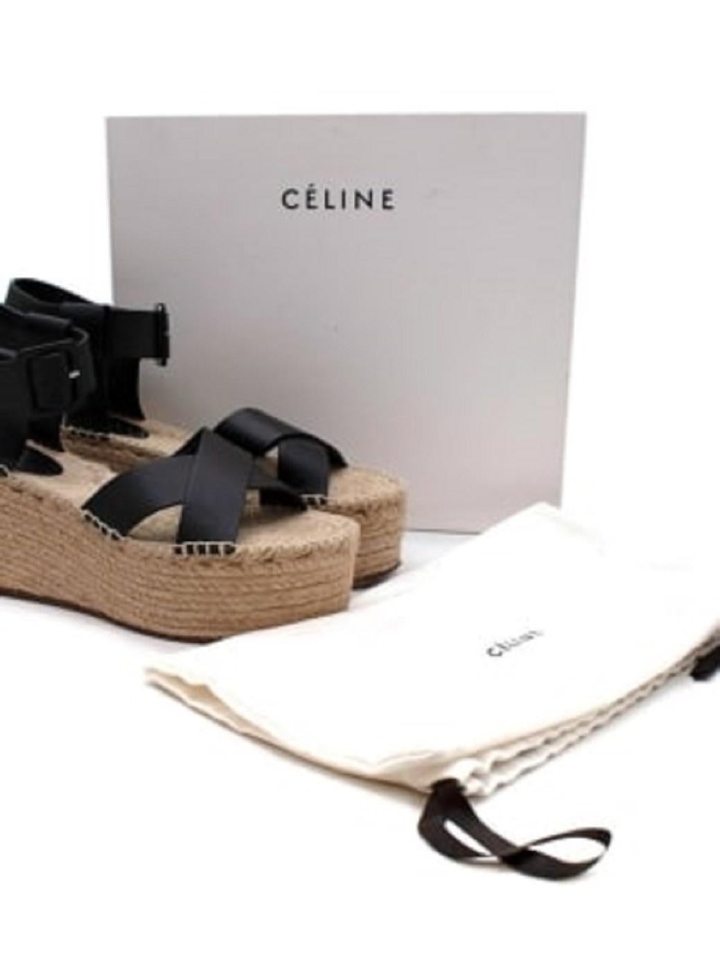 Celine Black Leather Espadrille Wedge Sandals For Sale at 1stDibs